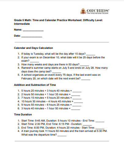 Time And Calendar Worksheets For Grade 5 Measuring And Time Worksheets